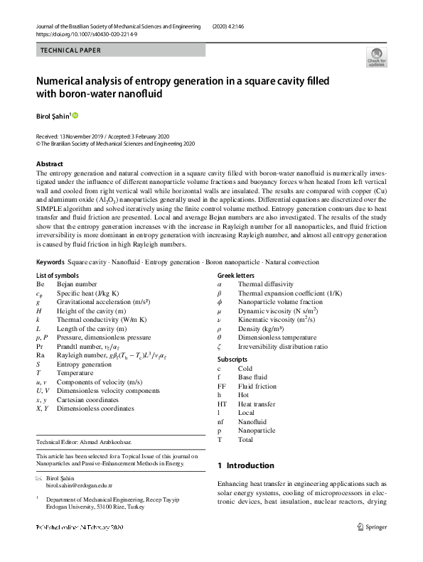 Pdf Numerical Analysis Of Entropy Generation In A Square Cavity Filled With Boron Water Nanofluid
