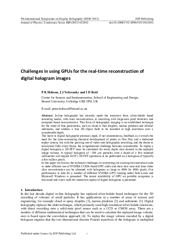 Pdf Challenges In Using Gpus For The Real Time Reconstruction Of Digital Hologram Images 