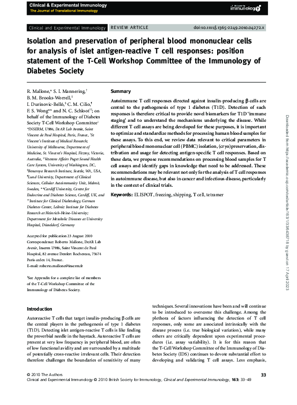 (PDF) Isolation and preservation of peripheral blood mononuclear cells ...