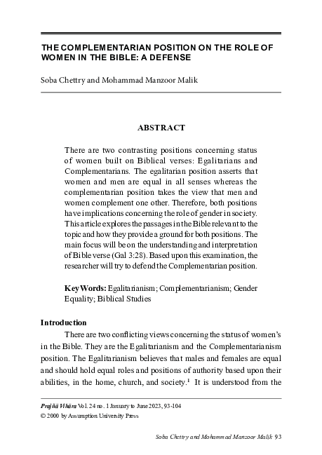 (PDF) THE COMPLEMENTARIAN POSITION ON THE ROLE OF WOMEN IN THE BIBLE: A ...