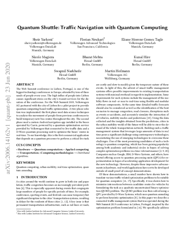 (PDF) Quantum Shuttle: traffic navigation with Quantum computing
