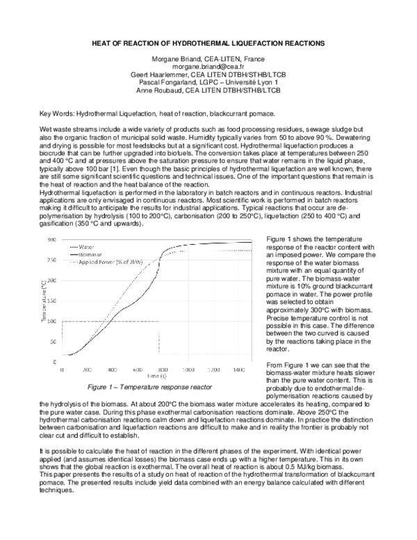 (PDF) Heat of reaction of hydrothermal liquefaction reactions