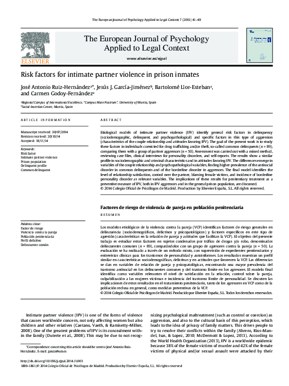 (PDF) Risk factors for intimate partner violence in prison inmates