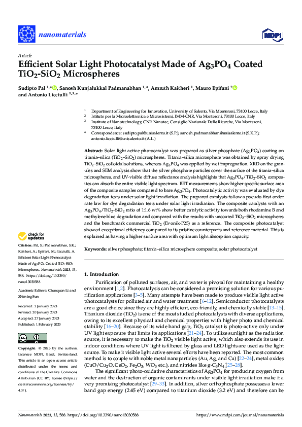 (PDF) Efficient Solar Light Photocatalyst Made of Ag3PO4 Coated TiO2-SiO2 Microspheres
