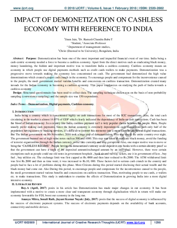 (PDF) Impact of Demonetisation on Cashless Economy with Reference to India