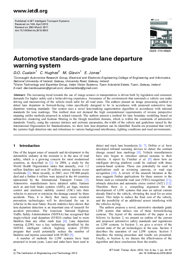 (PDF) Automotive standards-grade lane departure warning system