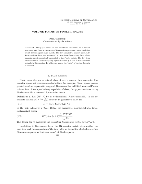 (PDF) Volume Forms in Finsler Spaces