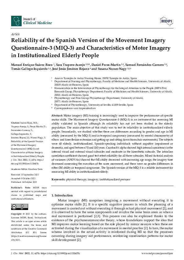 (PDF) Reliability of the Spanish Version of the Movement Imagery Questionnaire-3 (MIQ-3) and ...