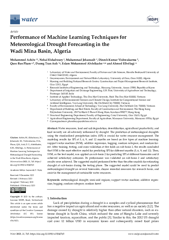 Pdf Performance Of Machine Learning Techniques For Meteorological Drought Forecasting In The