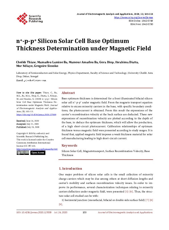 (PDF) n+-p-p+ Silicon Solar Cell Base Optimum Thickness Determination under Magnetic Field