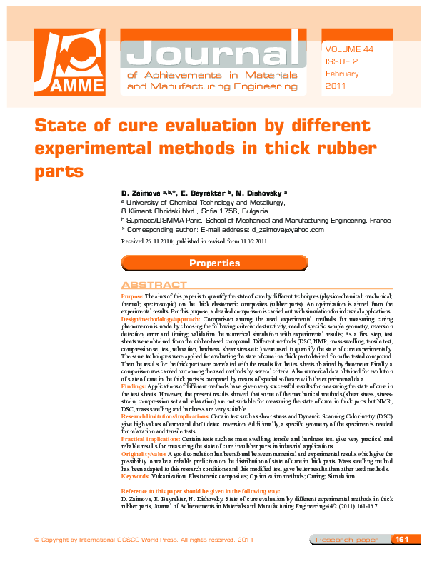 Pdf State Of Cure Evaluation By Different Experimental Methods In Thick Rubber Parts