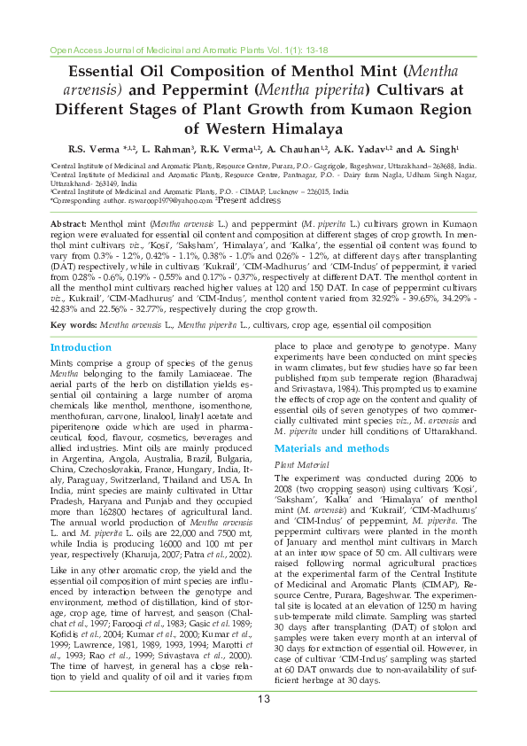 (PDF) Essential oil composition of menthol mint (Mentha arvensis) and ...