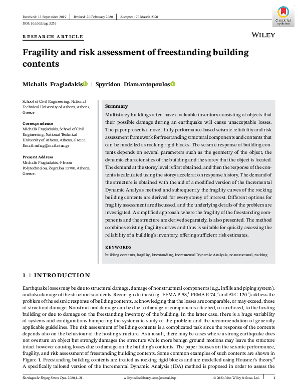 (PDF) Fragility and risk assessment of freestanding building contents