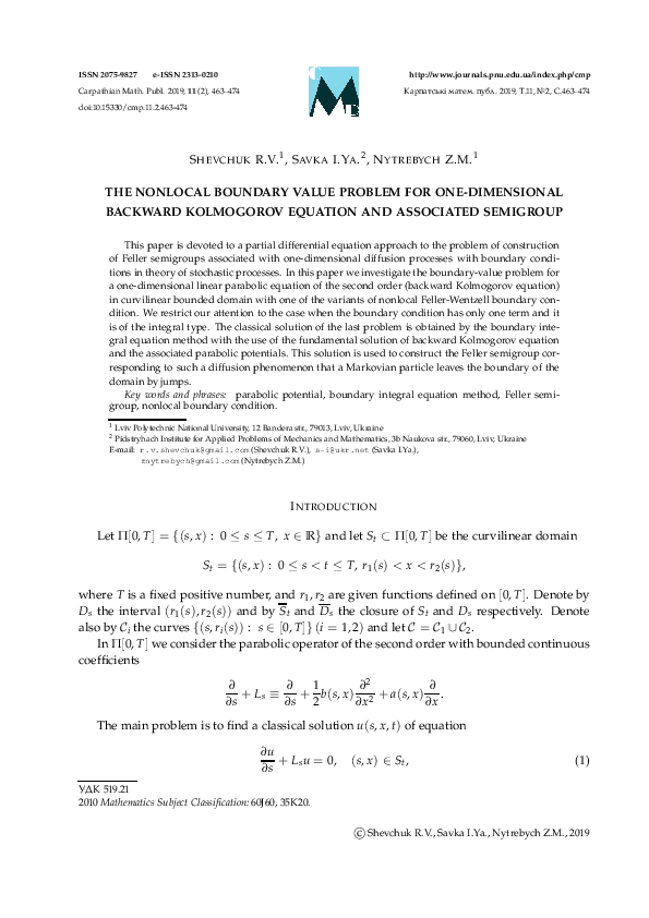 (PDF) The nonlocal boundary value problem for one-dimensional backward Kolmogorov equation and ...