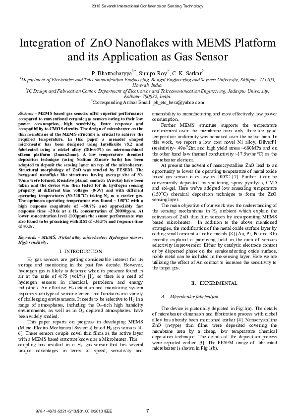 (PDF) Integration of ZnO nanoflakes with MEMS platform and its application as gas sensor