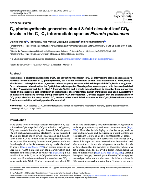 (PDF) C2 photosynthesis generates about 3-fold elevated leaf CO2 levels ...
