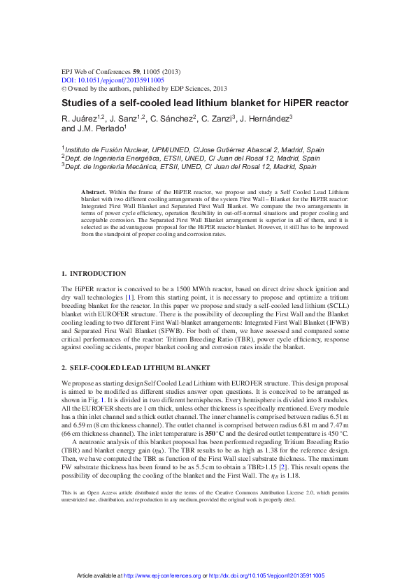 (PDF) Studies of a self-cooled lead lithium blanket for HiPER reactor