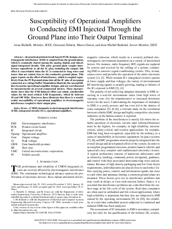 (PDF) Susceptibility of Operational Amplifiers to Conducted EMI Injected Through the Ground ...