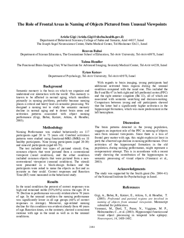 (PDF) The Role of Frontal Areas in Naming of Objects Pictured from Unusual Viewpoints