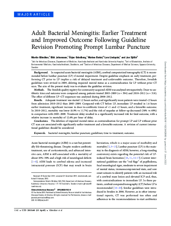 (PDF) Adult bacterial meningitis: earlier treatment and improved outcome following guideline ...