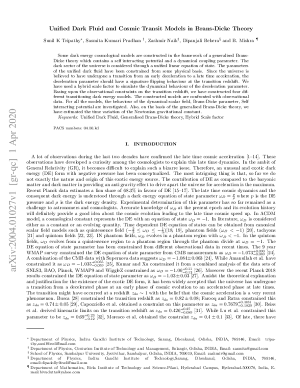 (PDF) Unified dark fluid and cosmic transit models in Brans–Dicke theory