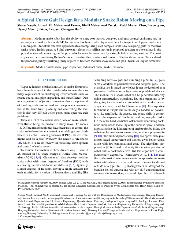 (PDF) A Spiral Curve Gait Design for a Modular Snake Robot Moving on a Pipe