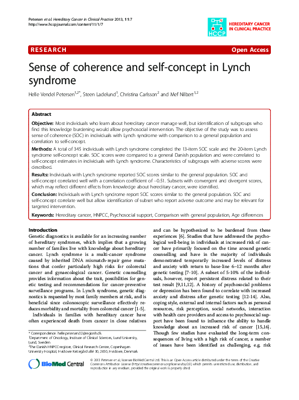 (PDF) Sense of coherence and self-concept in Lynch syndrome