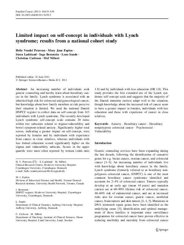 (PDF) Limited impact on self-concept in individuals with Lynch syndrome ...