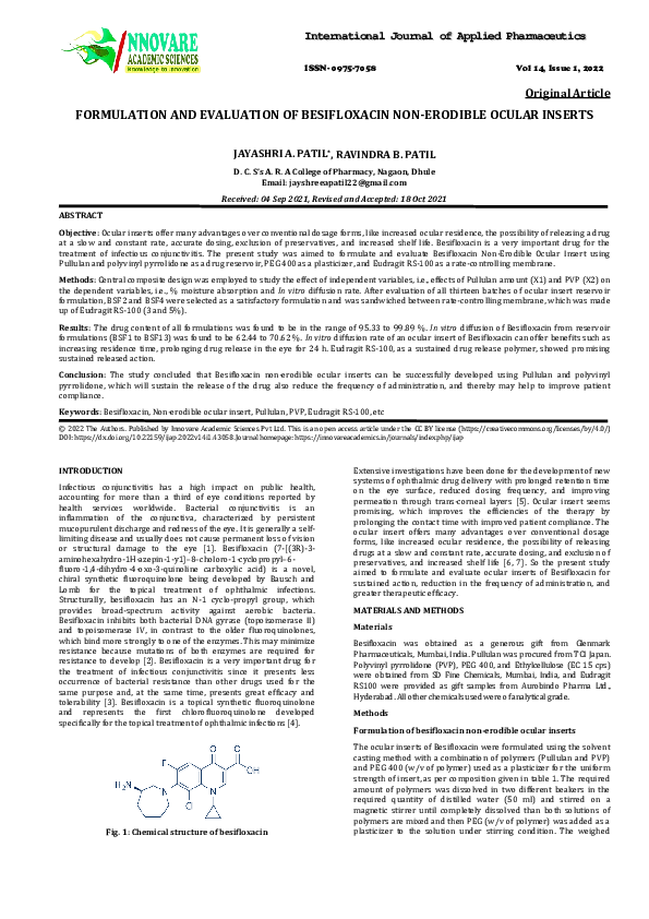 (PDF) FORMULATION AND EVALUATION OF BESIFLOXACIN NON-ERODIBLE OCULAR ...