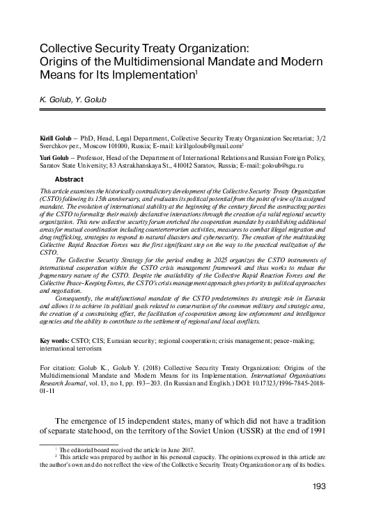 (PDF) Collective Security Treaty Organization: Origins of the ...
