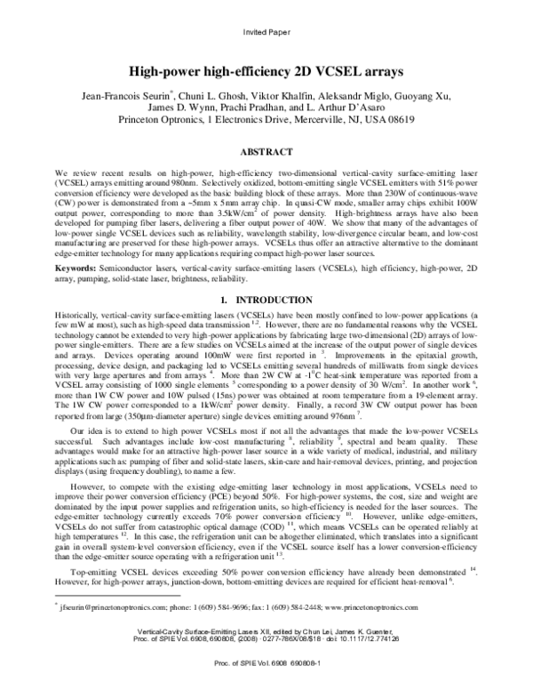 (PDF) High-power high-efficiency 2D VCSEL arrays