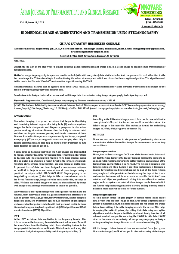 (PDF) BIOMEDICAL IMAGE AUGMENTATION AND TRANSMISSION USING STEGANOGRAPHY