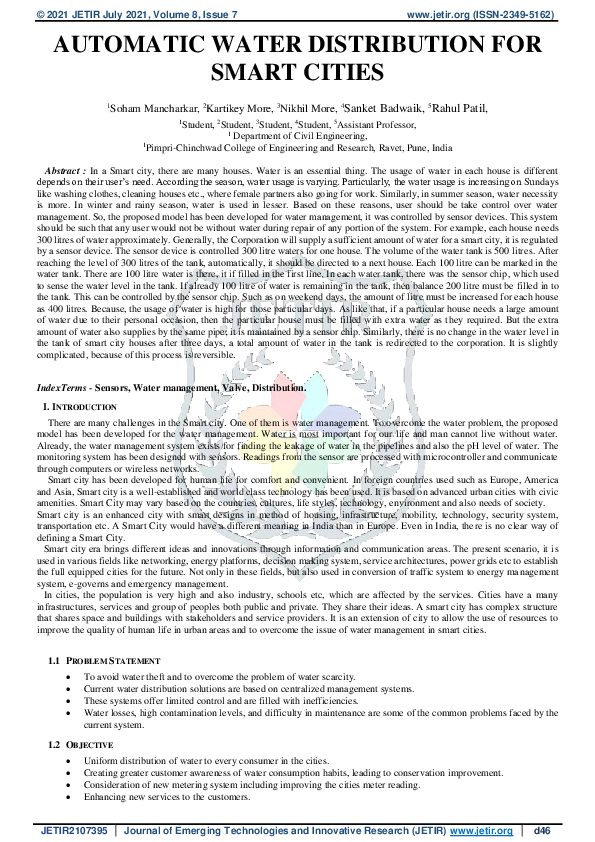 (PDF) Automatic Water Distribution for Smart Cities