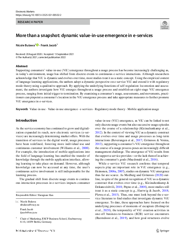 (PDF) More than a snapshot: dynamic value-in-use emergence in e-services