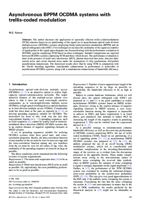 Pdf Asynchronous Bppm Ocdma Systems With Trellis Coded Modulation 