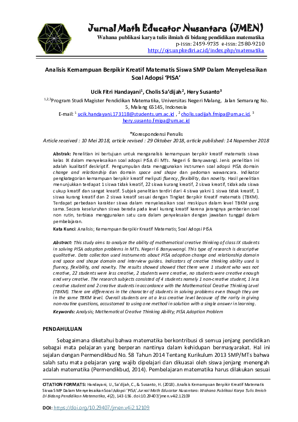 (PDF) Analisis Kemampuan Berpikir Kreatif Matematis Siswa SMP Dalam Menyelesaikan Soal Adopsi ‘PISA’