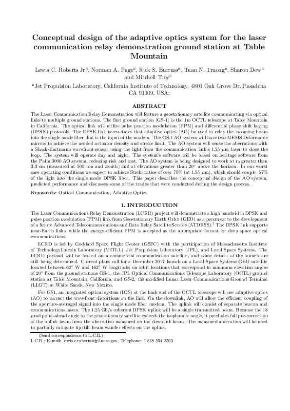 (PDF) Adaptive Optics Design for Laser Communication