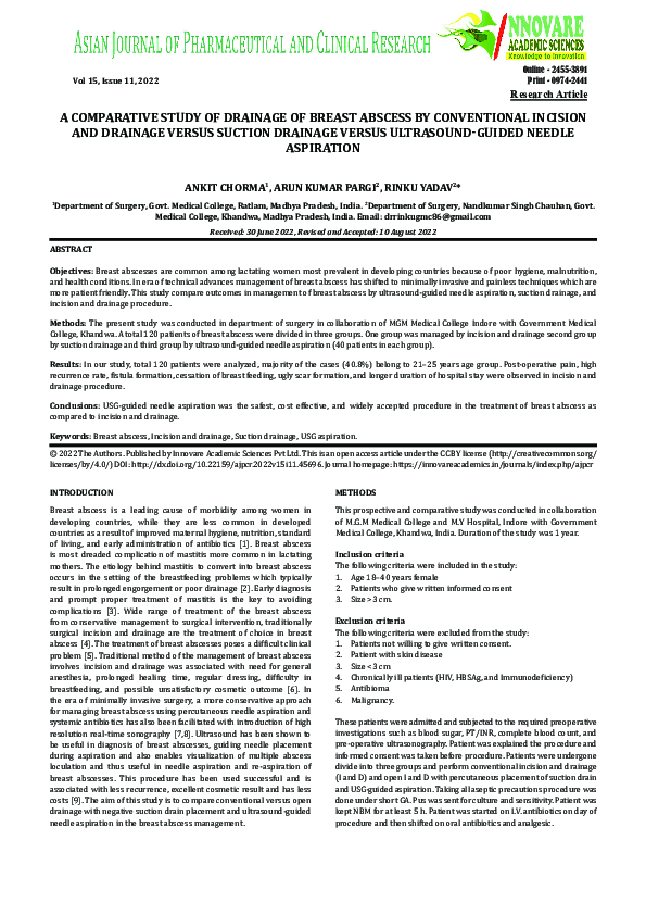 (PDF) A COMPARATIVE STUDY OF DRAINAGE OF BREAST ABSCESS BY CONVENTIONAL ...