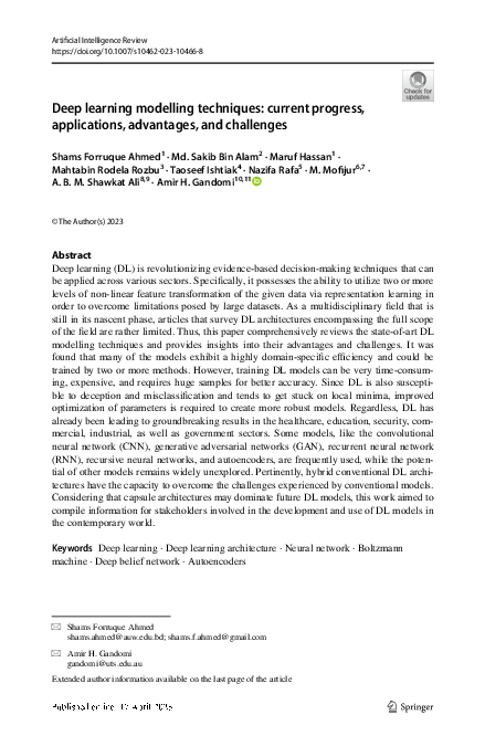 (PDF) Deep learning modelling techniques: current progress, applications, advantages, and challenges