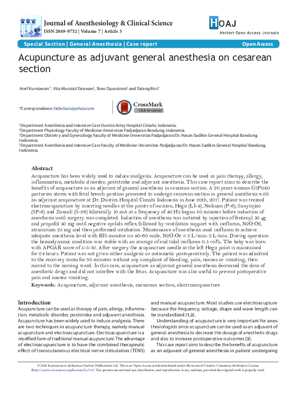 (PDF) Acupuncture as adjuvant general anesthesia on cesarean section