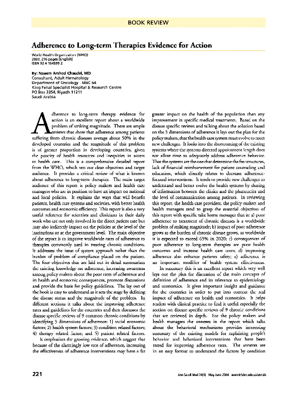 (PDF) Adherence to Long-Term Therapies: Evidence for Action | Adnan ...