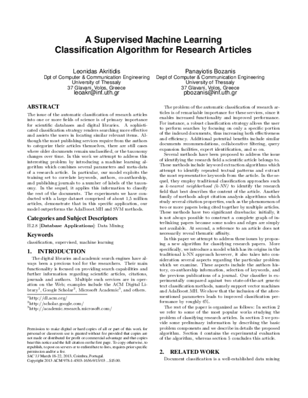 Pdf A Supervised Machine Learning Classification Algorithm For
