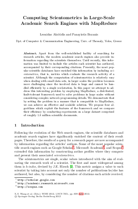 (PDF) Computing Scientometrics in Large-Scale Academic Search Engines with MapReduce