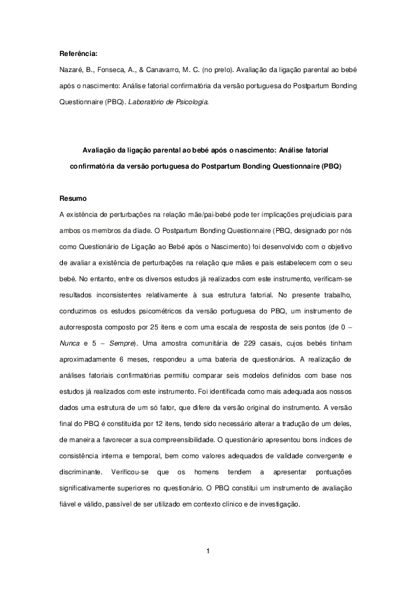 (PDF) Avaliação da ligação parental ao bebé após o nascimento: Análise ...
