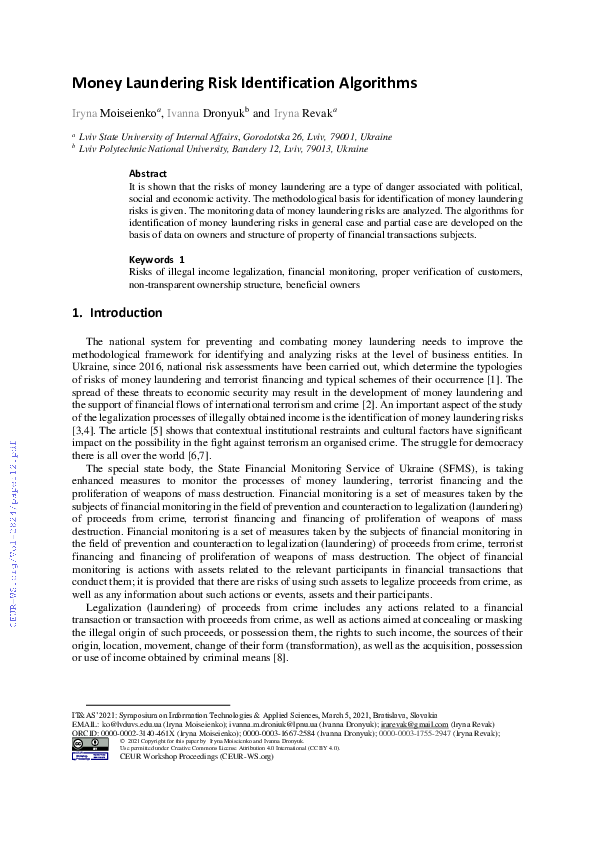 (PDF) Money laundering risk identification algorithms (Scopus)