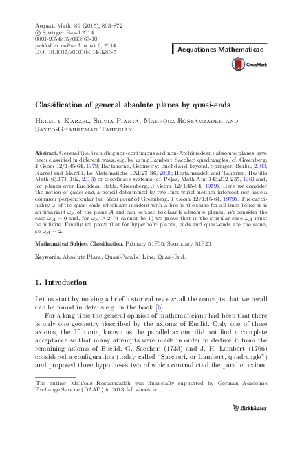 (PDF) Classification of general absolute planes by quasi-ends
