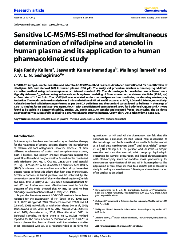 (PDF) Sensitive LC-MS/MS-ESI method for simultaneous determination of nifedipine and atenolol in ...