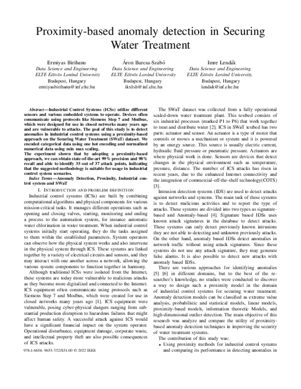 Pdf Proximity Based Anomaly Detection In Securing Water Treatment 