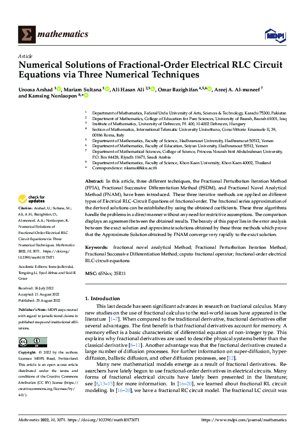 Pdf Numerical Solutions Of Fractional Order Electrical Rlc Circuit Equations Via Three