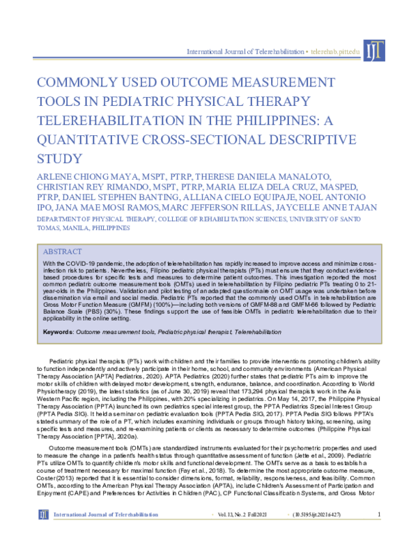 (PDF) Commonly Used Outcome Measurement Tools in Pediatric Physical Therapy Telerehabilitation ...